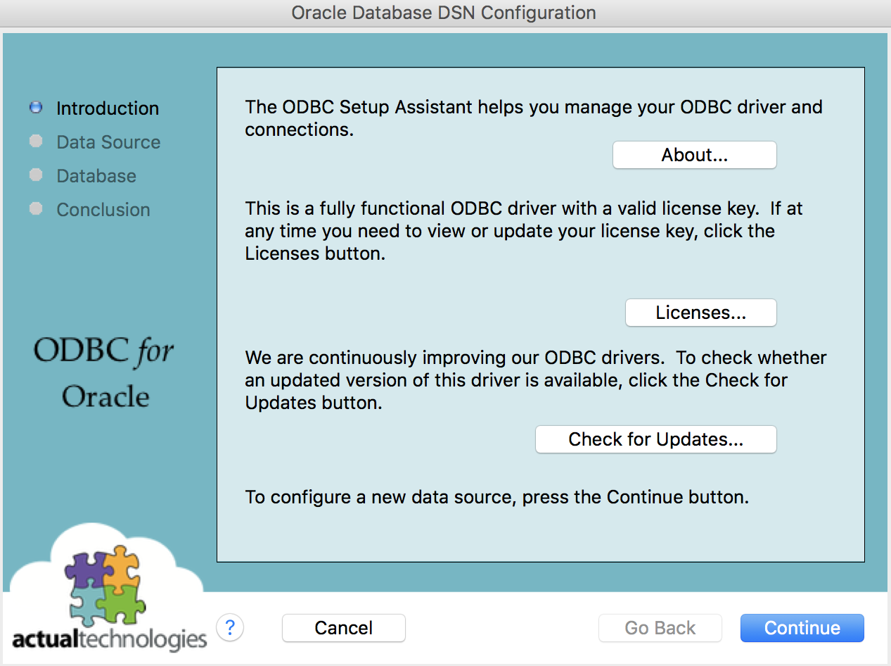 5. ODBC DSNに名前をつけて、Oracle Databaseサーバーのホスト名とポートを入力し、"Continue"ボタンをクリックします。