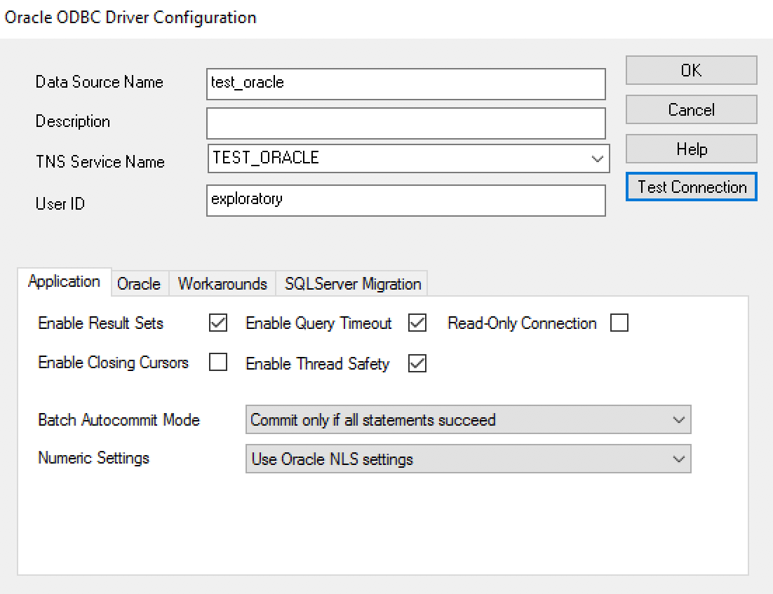 なおTNS Service Name(TNSサービス名)には、先程作成したtnsnames.oraファイルの名称を記入します。