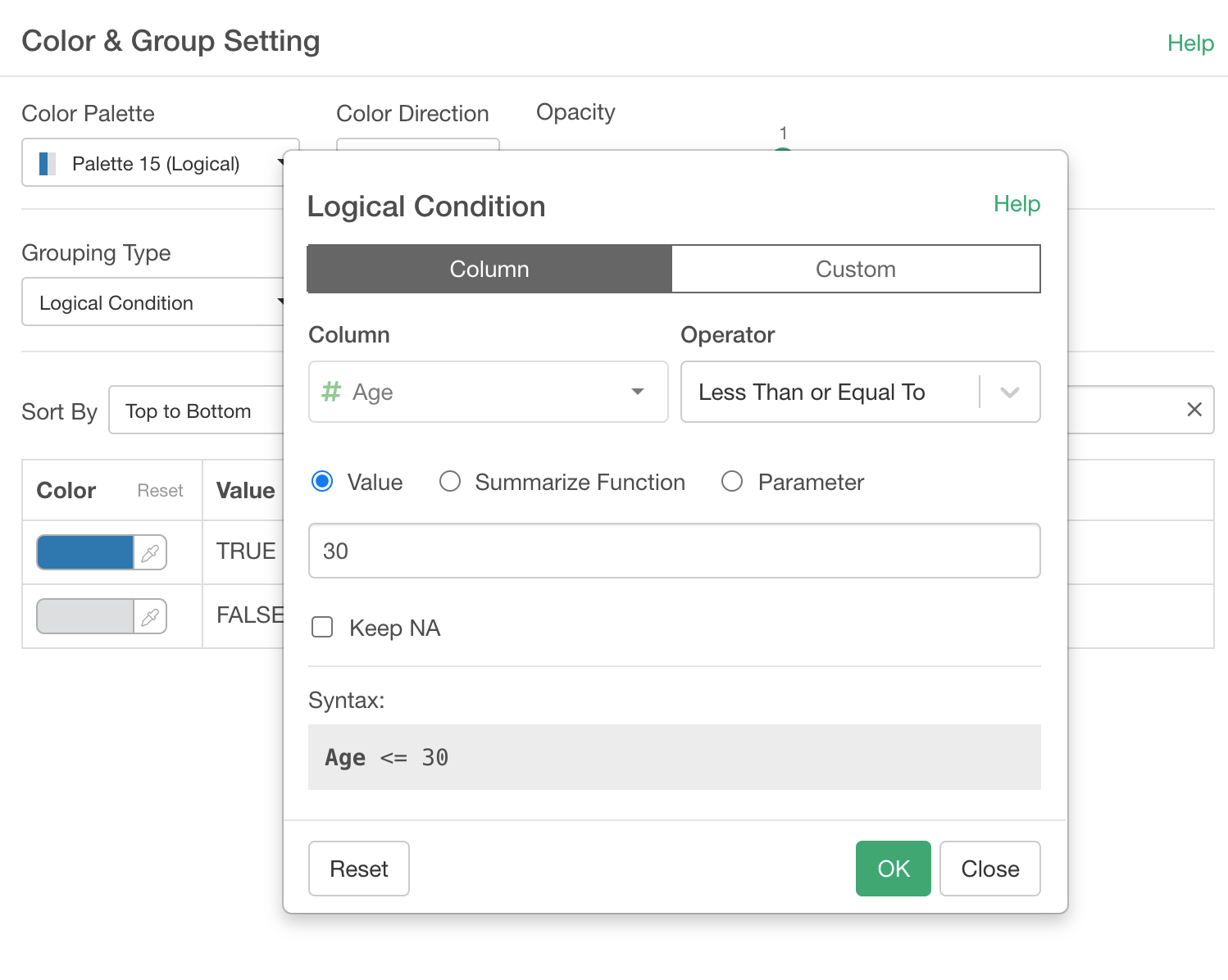 Lastly, assign colors for TRUE and FALSE based on the condition.